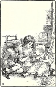 Charming Drawing of Two Older Siblings Playing with Baby
